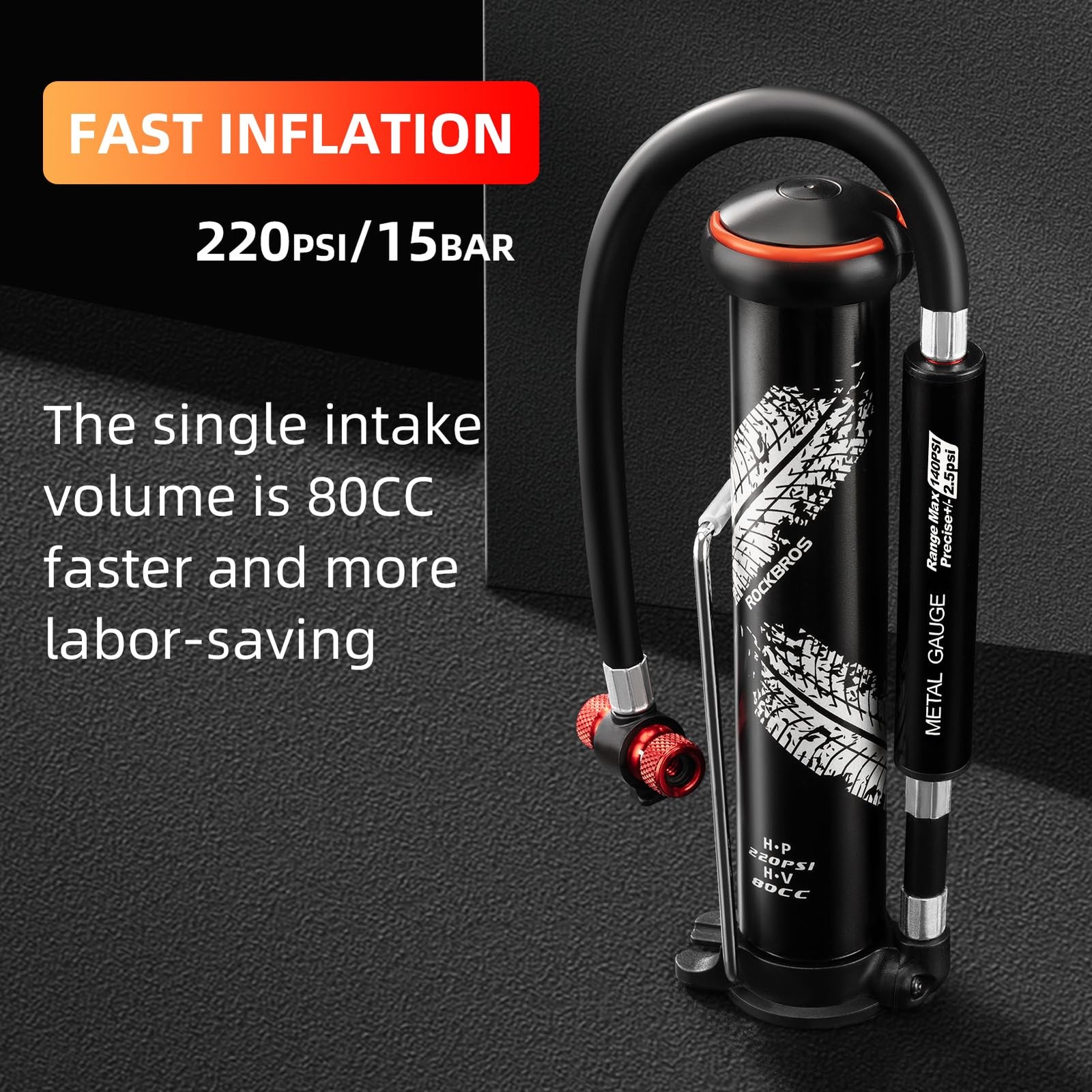 ROCKBROS Mini Bike Pump Portable with Hidden Pressure Gauge Fits Valve