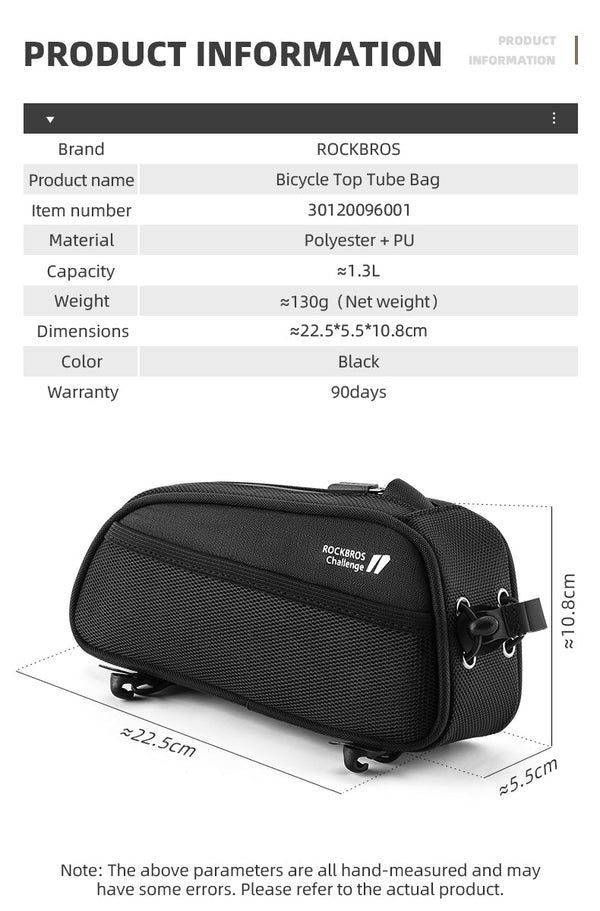 ROCKBROS Bicycle Top Tube Bag 1.3L Mountain Road Bike Frame Bag Reflec